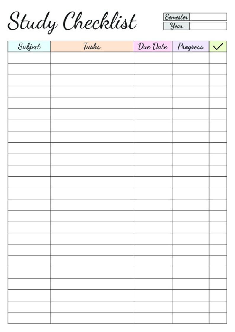 Color Full Study Checklist Fillable Simple Checklist Template , Monthly ...