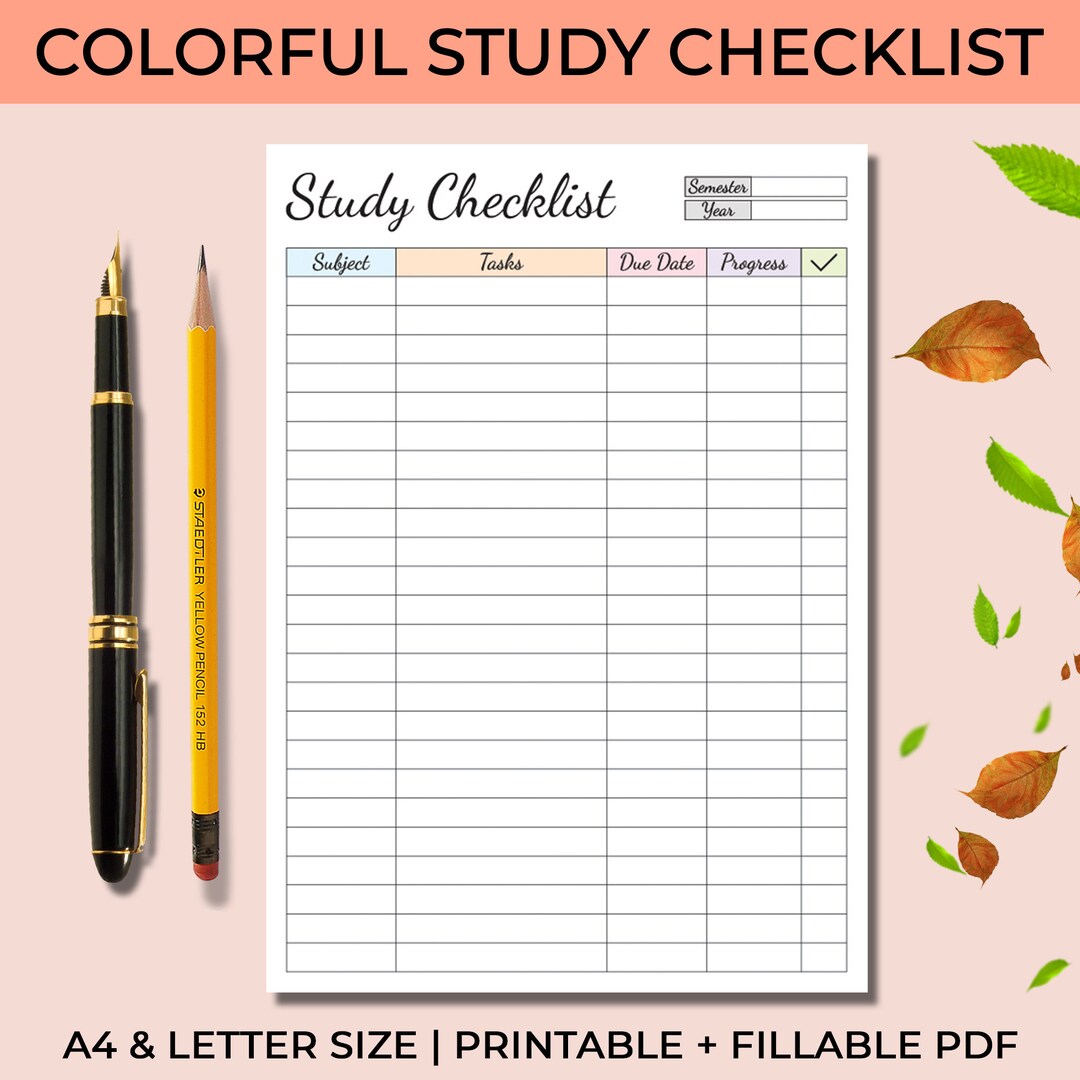 Color Full Study Checklist Fillable Simple Checklist Template , Monthly ...