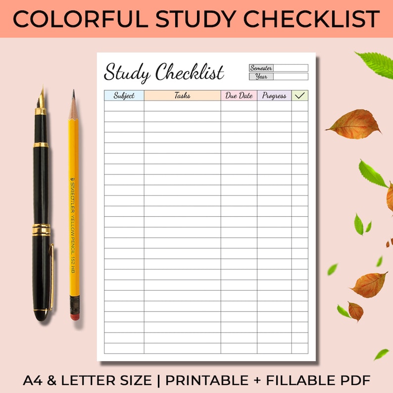 Color Full Study Checklist Fillable Simple Checklist Template , Monthly ...