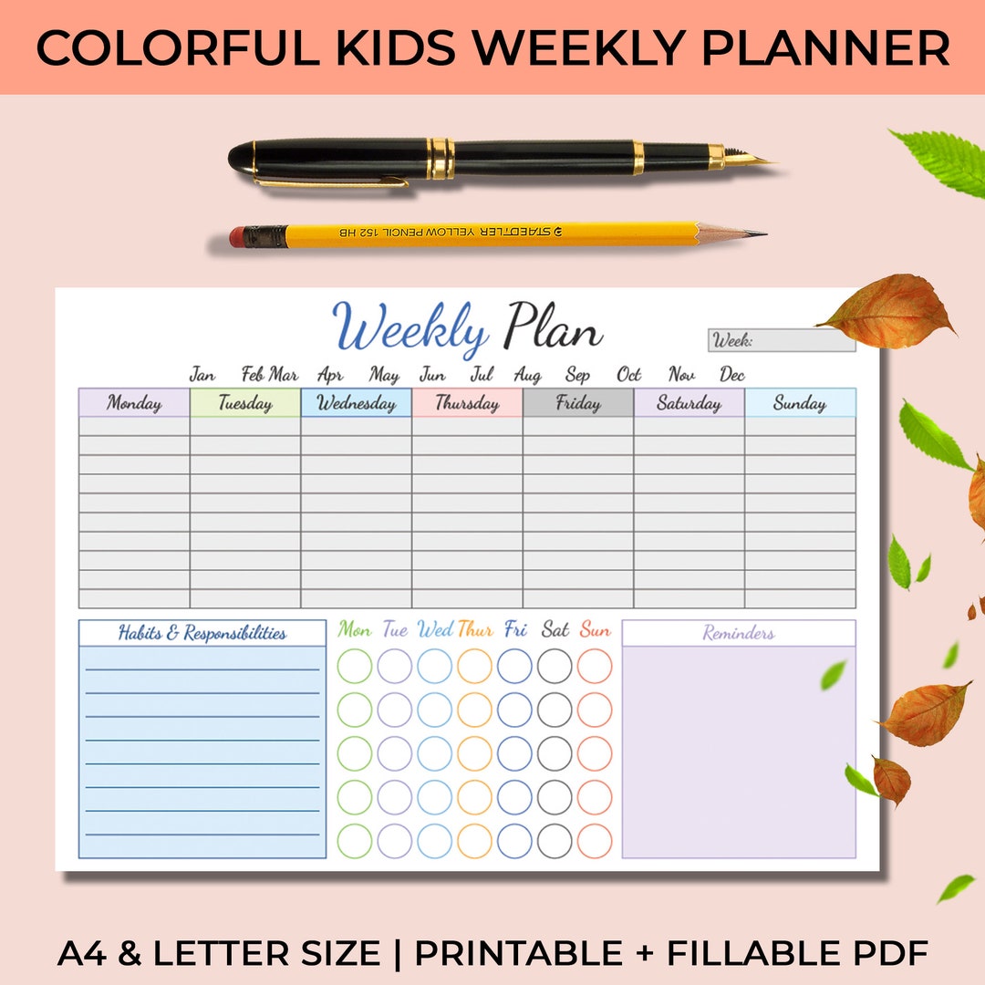 Colorful Kinds Weekly Planner, Kids Weekly Planner With Daily Calendar ...