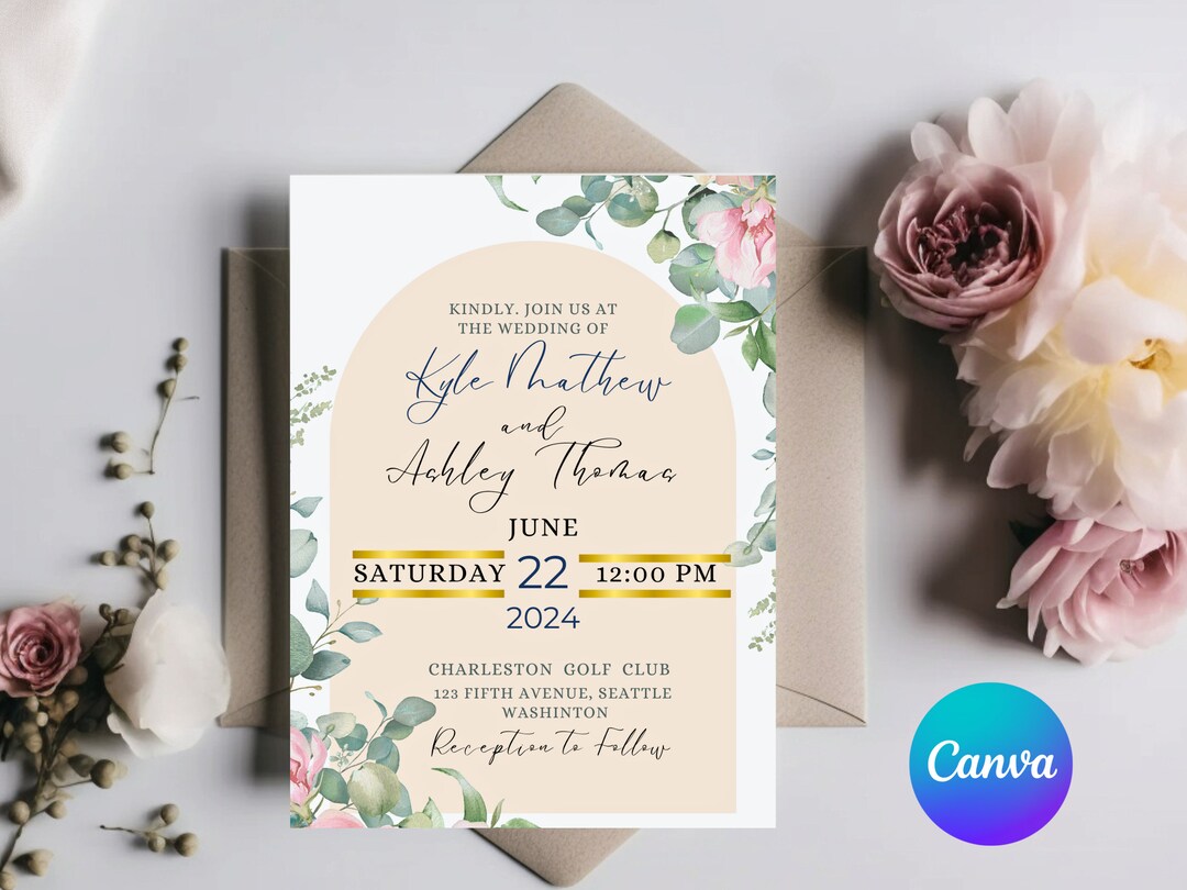 Floral Wedding 5x7 Invitation Printable, Editable in Canva , Elegant ...