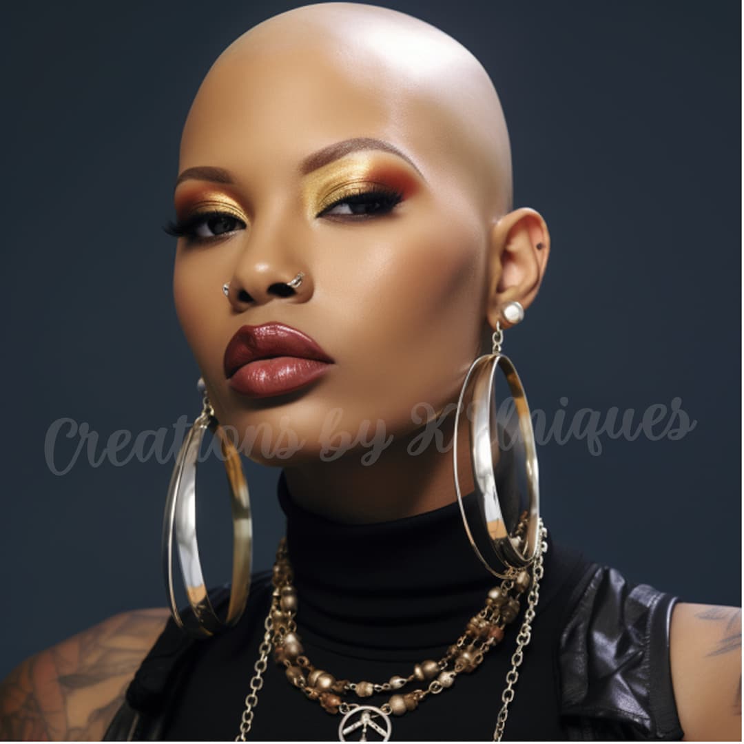Bald Black Woman, Afro Queen, Makeup, Earrings, Tattoos, Fashion, PNG ...