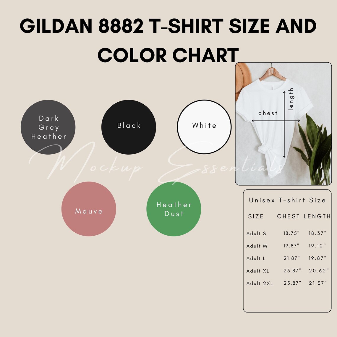 Gildan 8882 T-shirt Size and Color Chart, Gildan 8882 Mockup, Printful ...