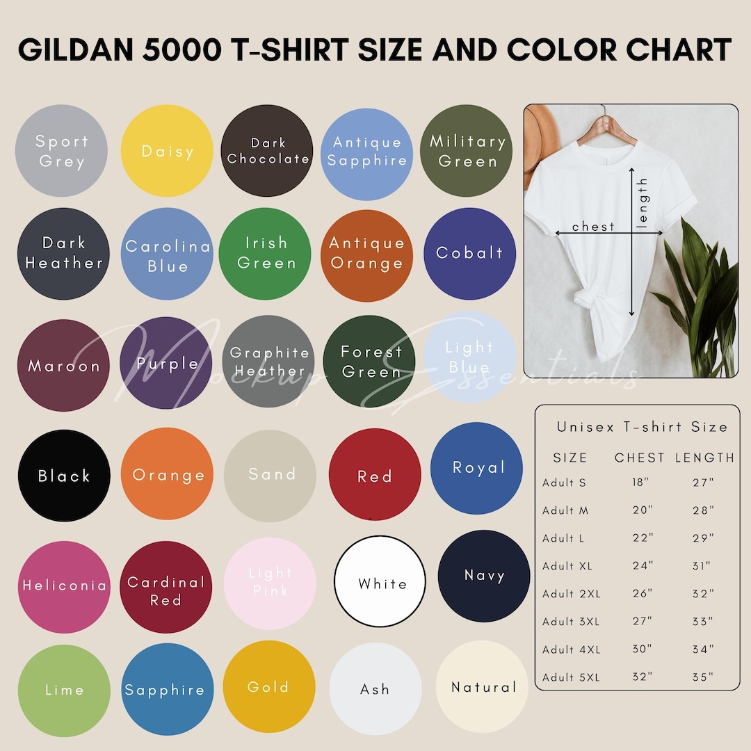 Gildan 5000 T-shirt Size and Color Chart, Gildan 5000 Mockup, Printful ...