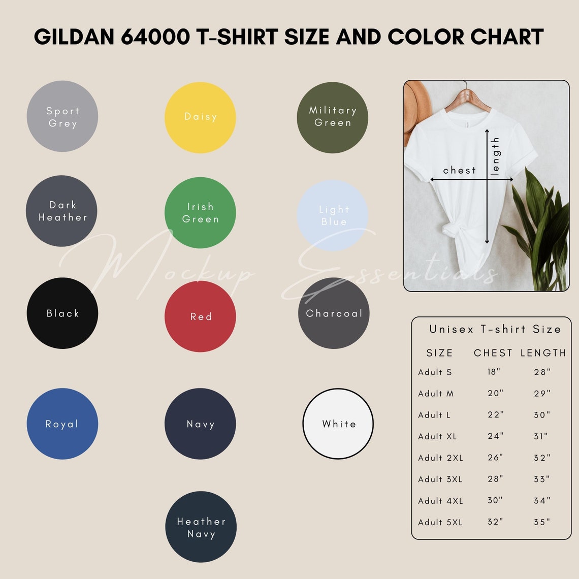 Gildan 64000 Tshirt Size and Color Chart Gildan 64000 Mockup - Etsy
