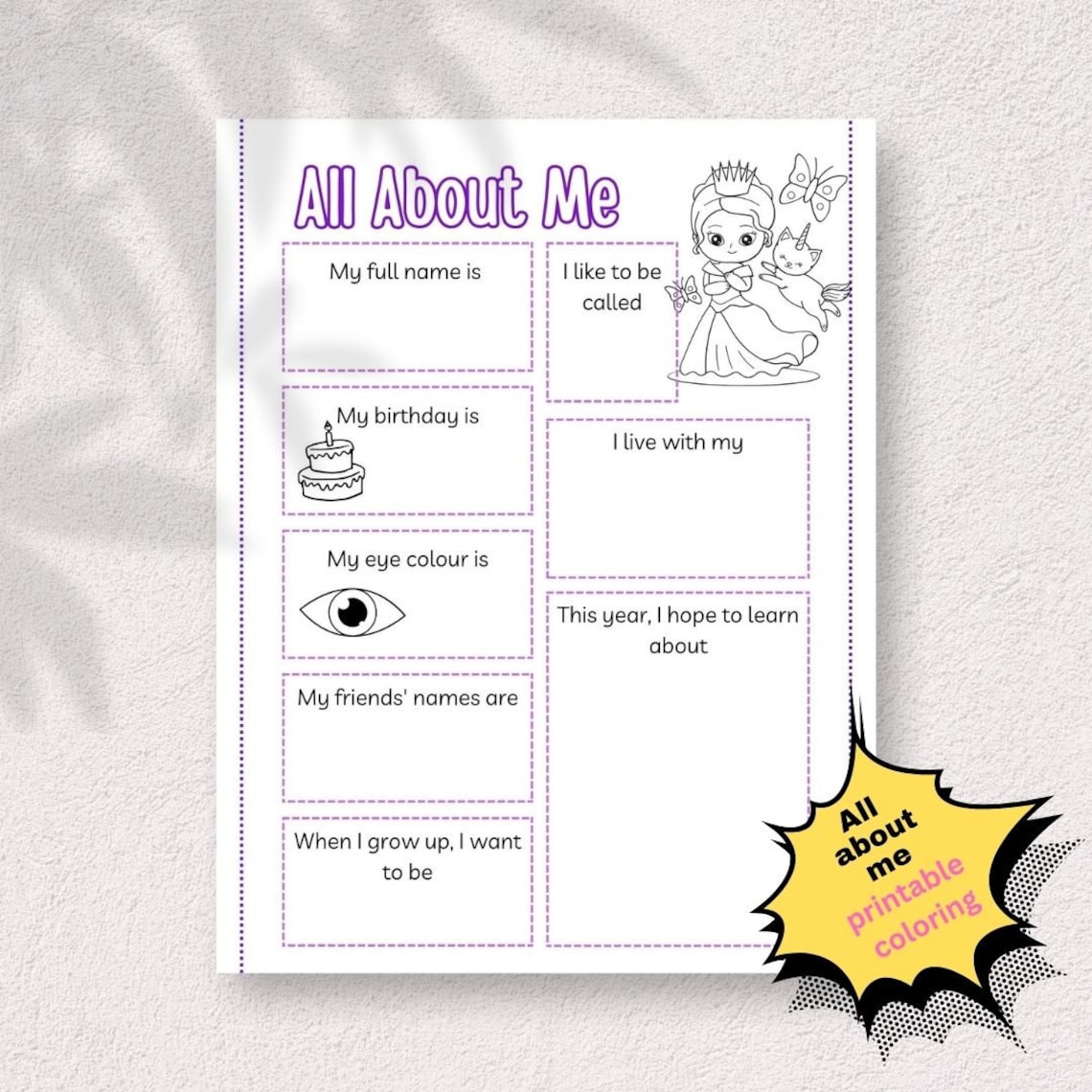 ALL ABOUT ME Sheets for Girls, Printable Activity, Writing Prompt for ...