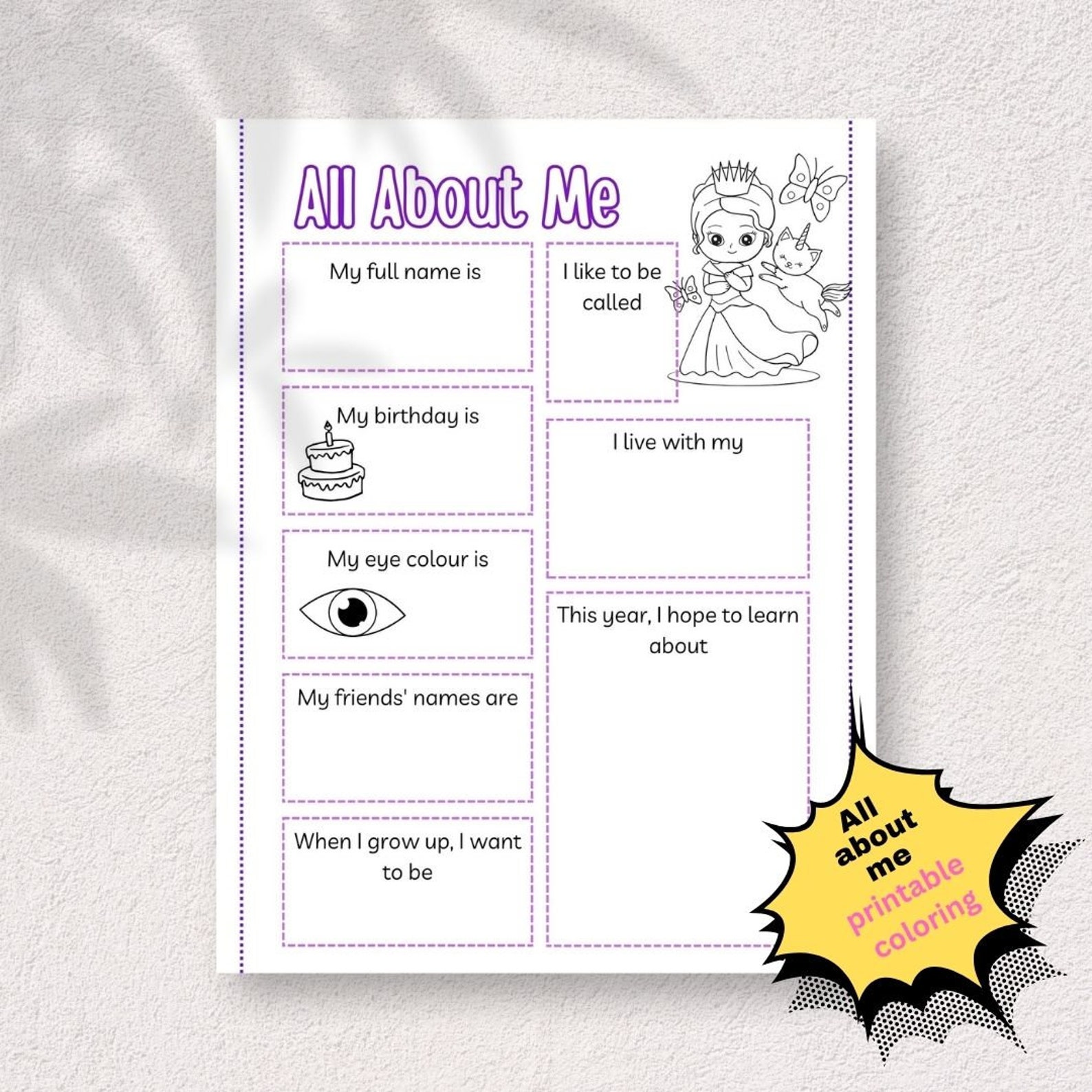 ALL ABOUT ME Sheets for Girls, Printable Activity, Writing Prompt for ...