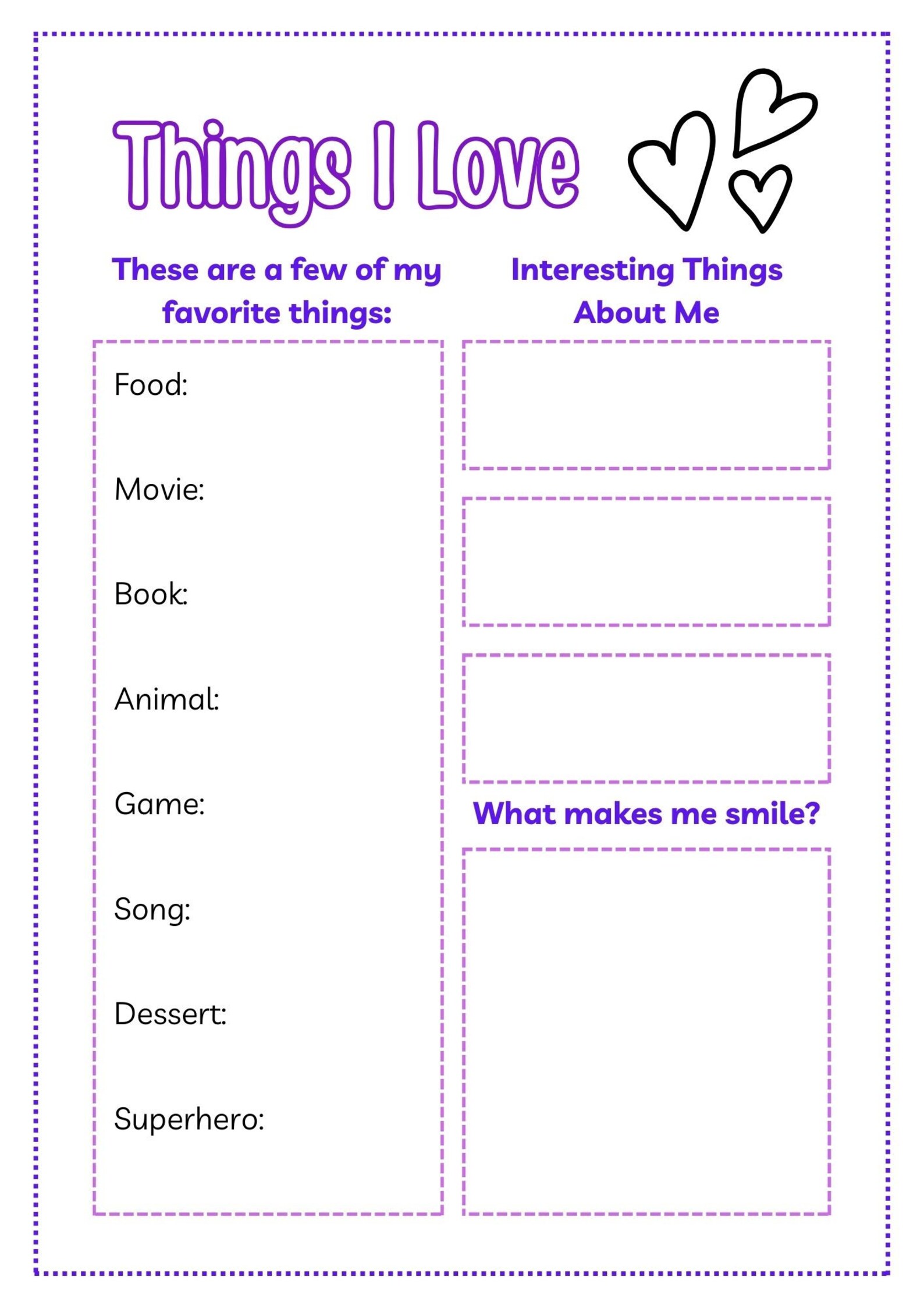 ALL ABOUT ME Sheets for Girls, Printable Activity, Writing Prompt for ...