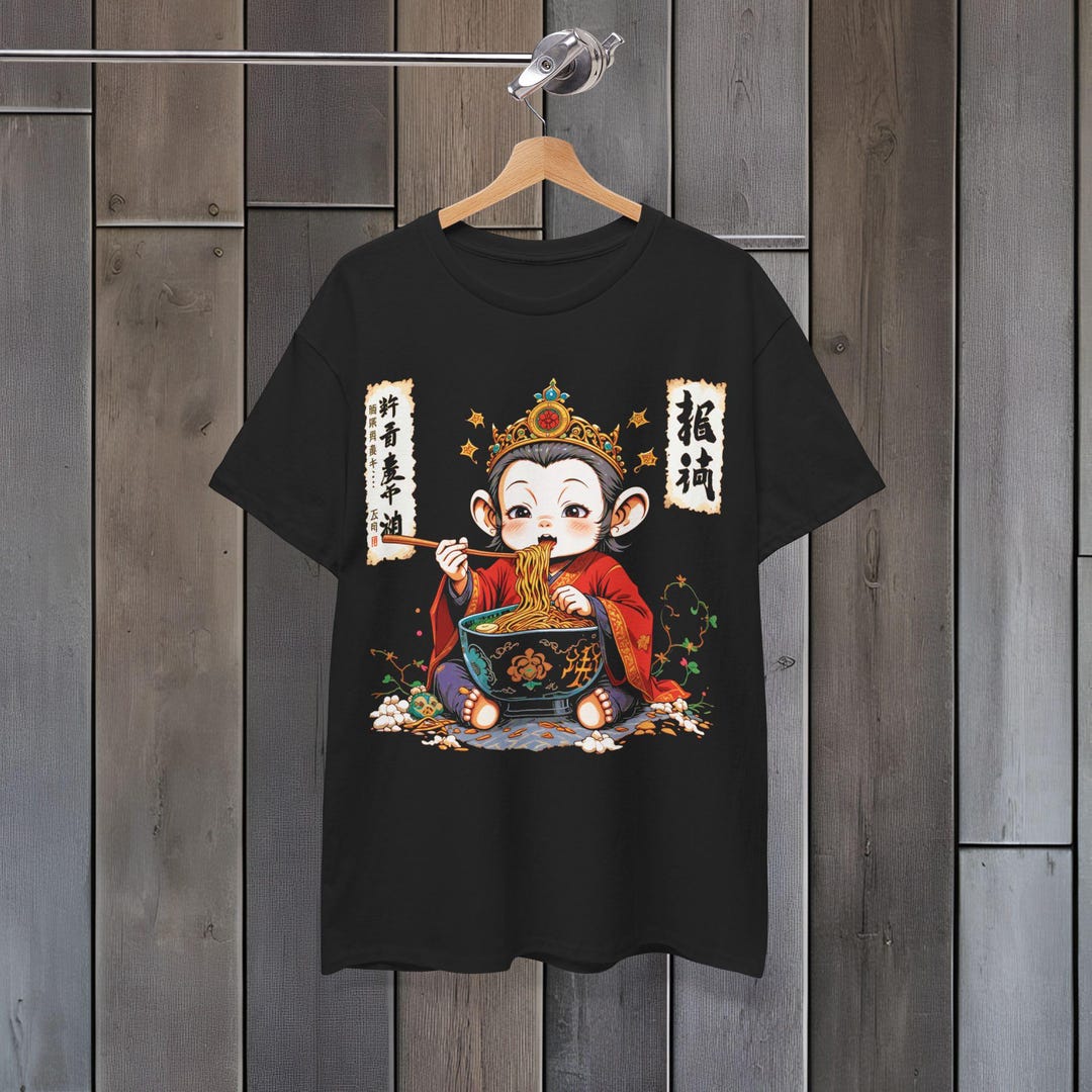 Baby Monkey King Wukong T-shirt, Eating Noodles Top, Kawaii Tee ...