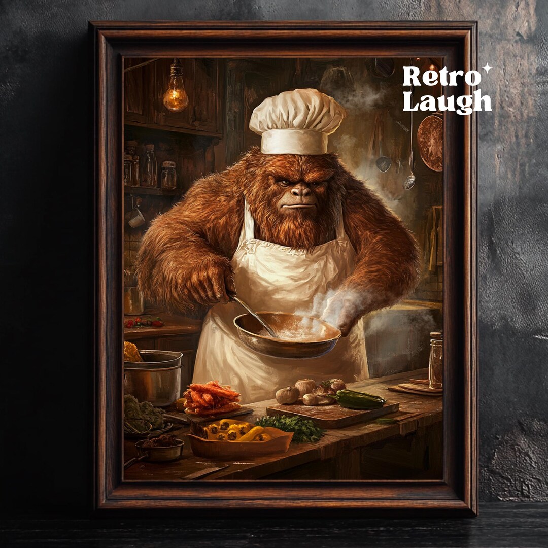Bigfoot Chef Cooking, Funny Vintage Wall Art, Oil Painting Print, Retro ...