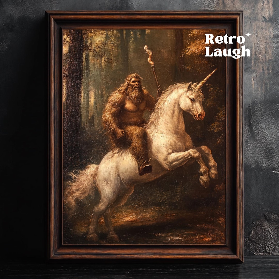 Bigfoot Riding Unicorn, Funny Vintage Mythical Wall Art, Sasquatch Oil ...