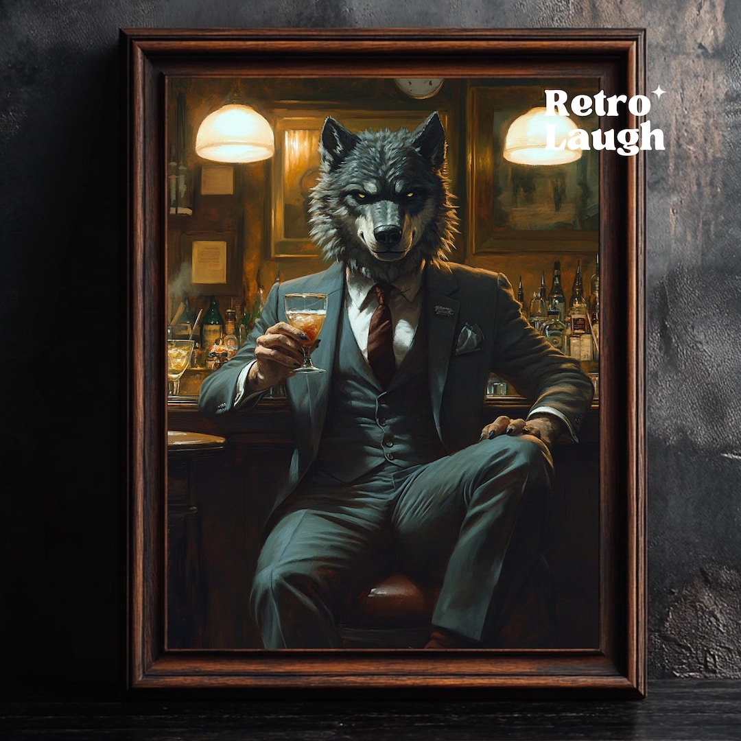 The Werewolf, Funny Vintage Wall Art, Wolf Gentleman Oil Painting Print ...