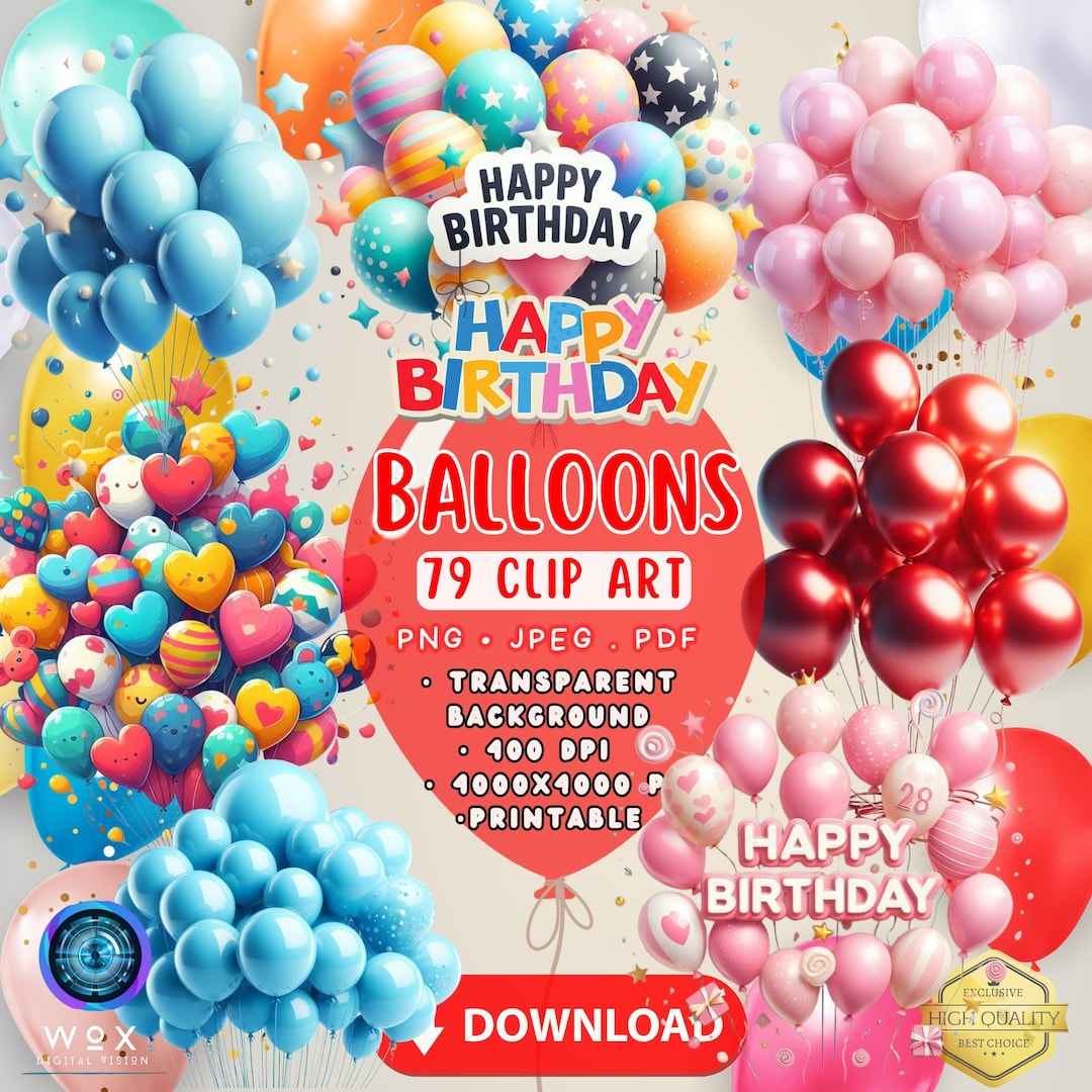 Birthday Balloons Png Clipart Bundle Printable Instant Download ...