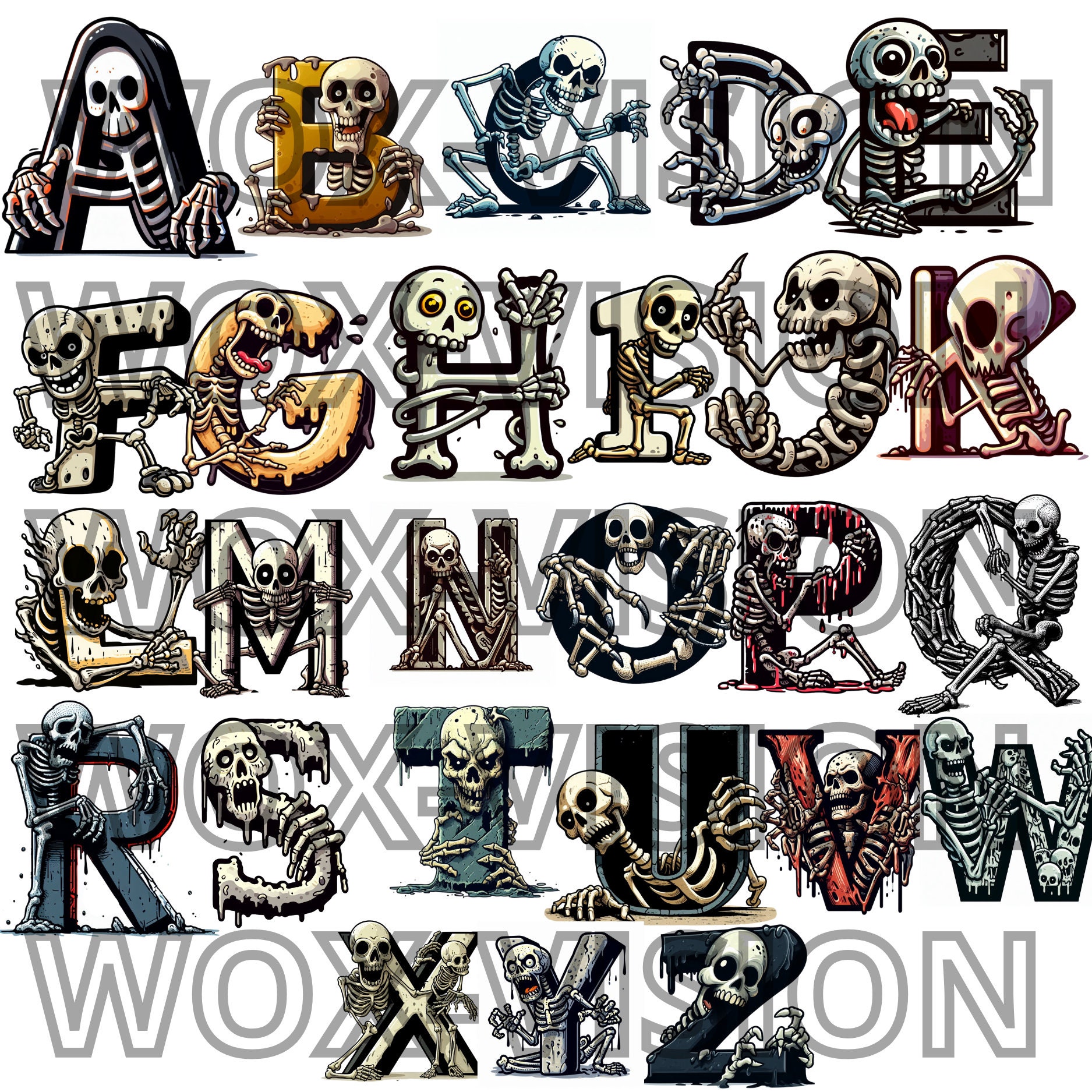 Alphabet Halloween Skeletons 3 Set Letters Font 10 Skeletons Clip Art ...