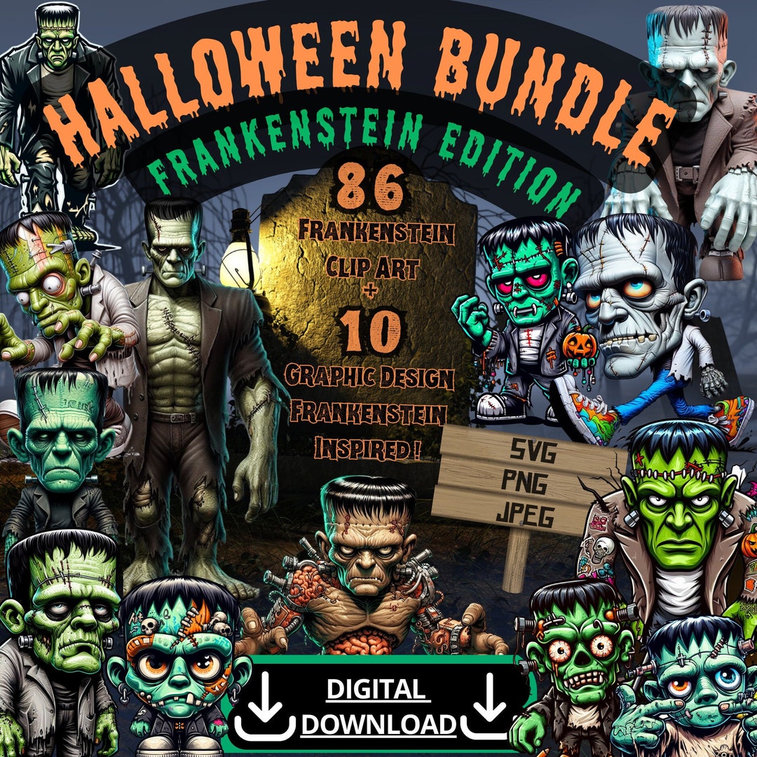 Frankenstein Clip Art Halloween Bundle With Transparent Background + 10 ...