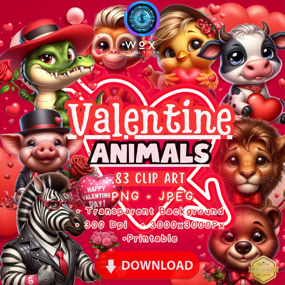 Valentines Day Clip Art Bundle Animal Clipart PNG Bundle Fox Lion ...