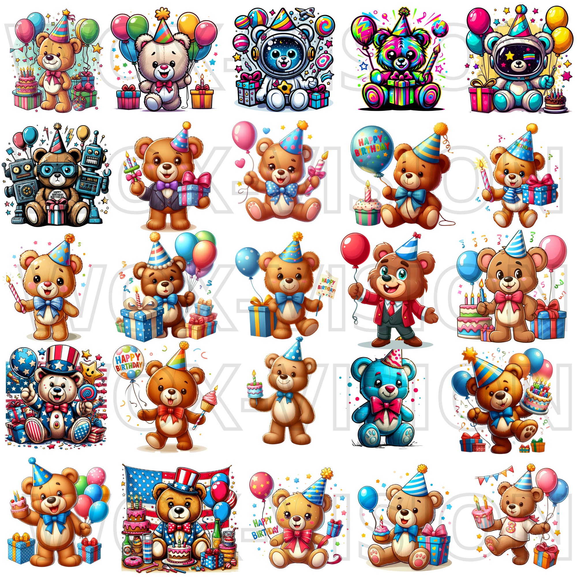 Happy Birthday Party Teddy Bear Bundle Clipart PNG Download Printable ...