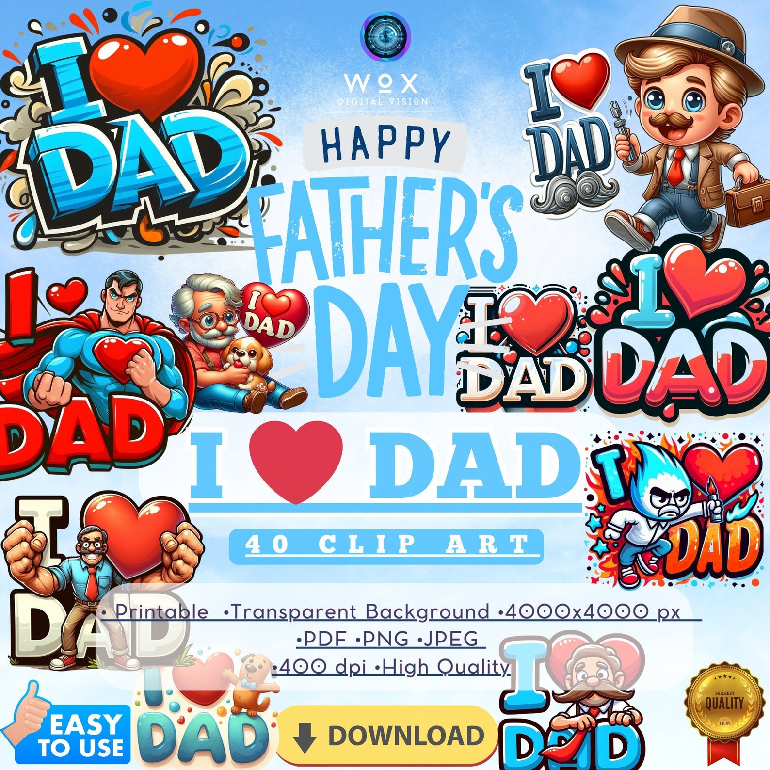 Fathers Day Clipart Bundle PNG I Love Dad Print Download, Phrase Father Day Png, Happy Father's ...