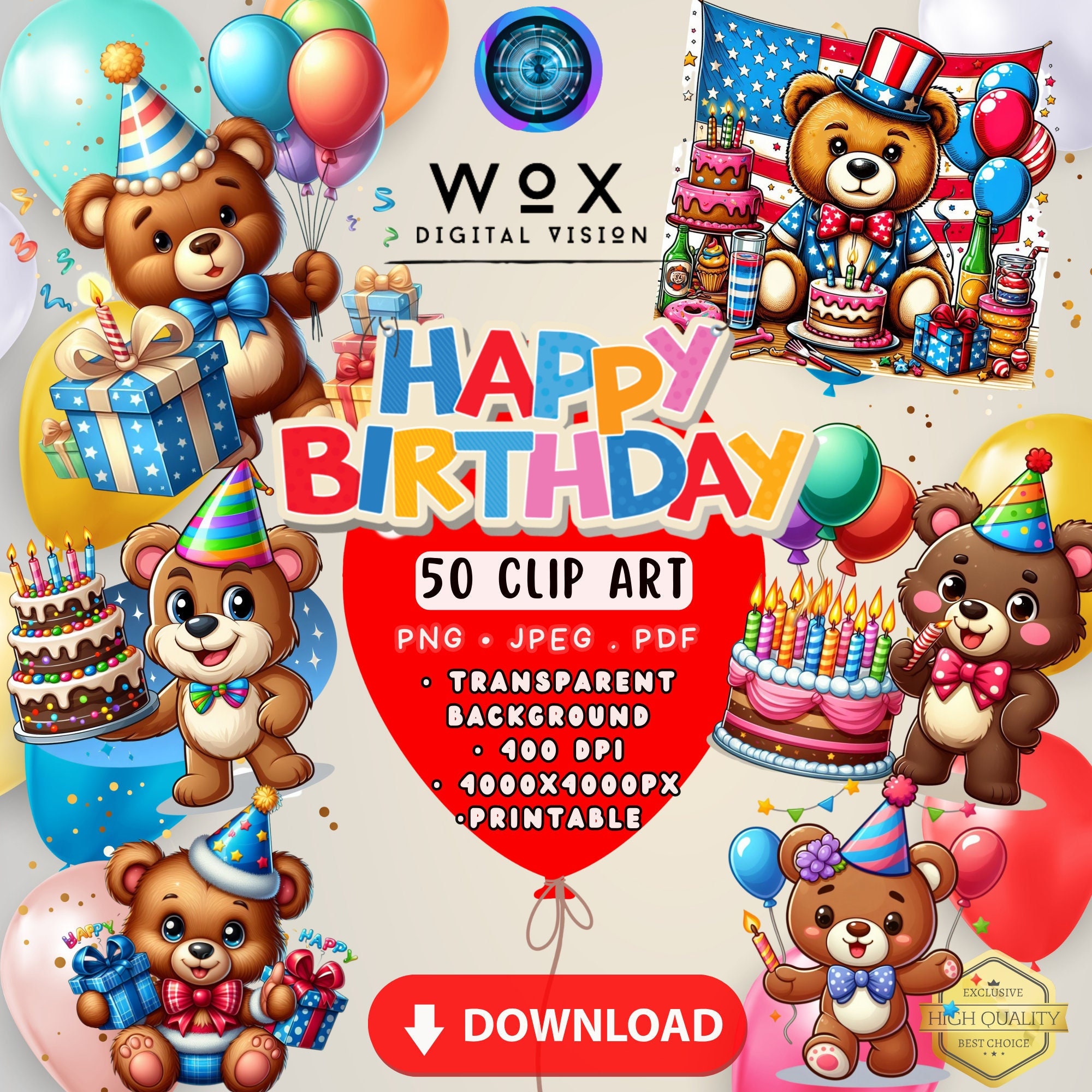 Happy Birthday Party Teddy Bear Bundle Clipart PNG Download Printable ...