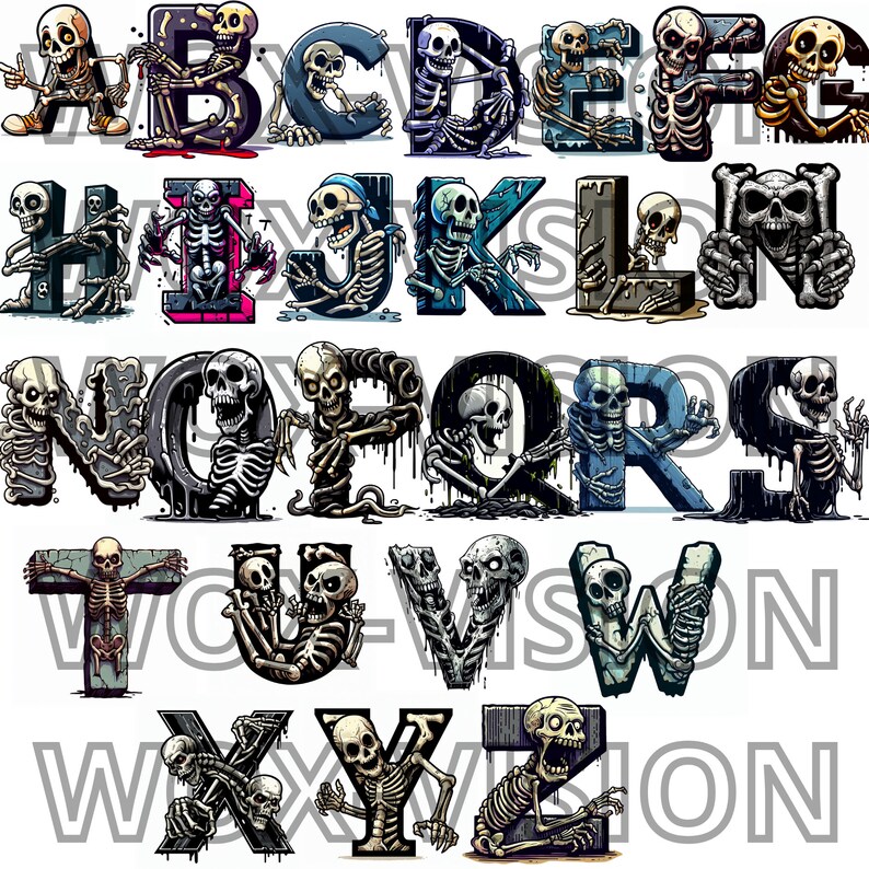 Alphabet Halloween Skeletons 3 Set Letters Font 10 Skeletons Clip Art ...
