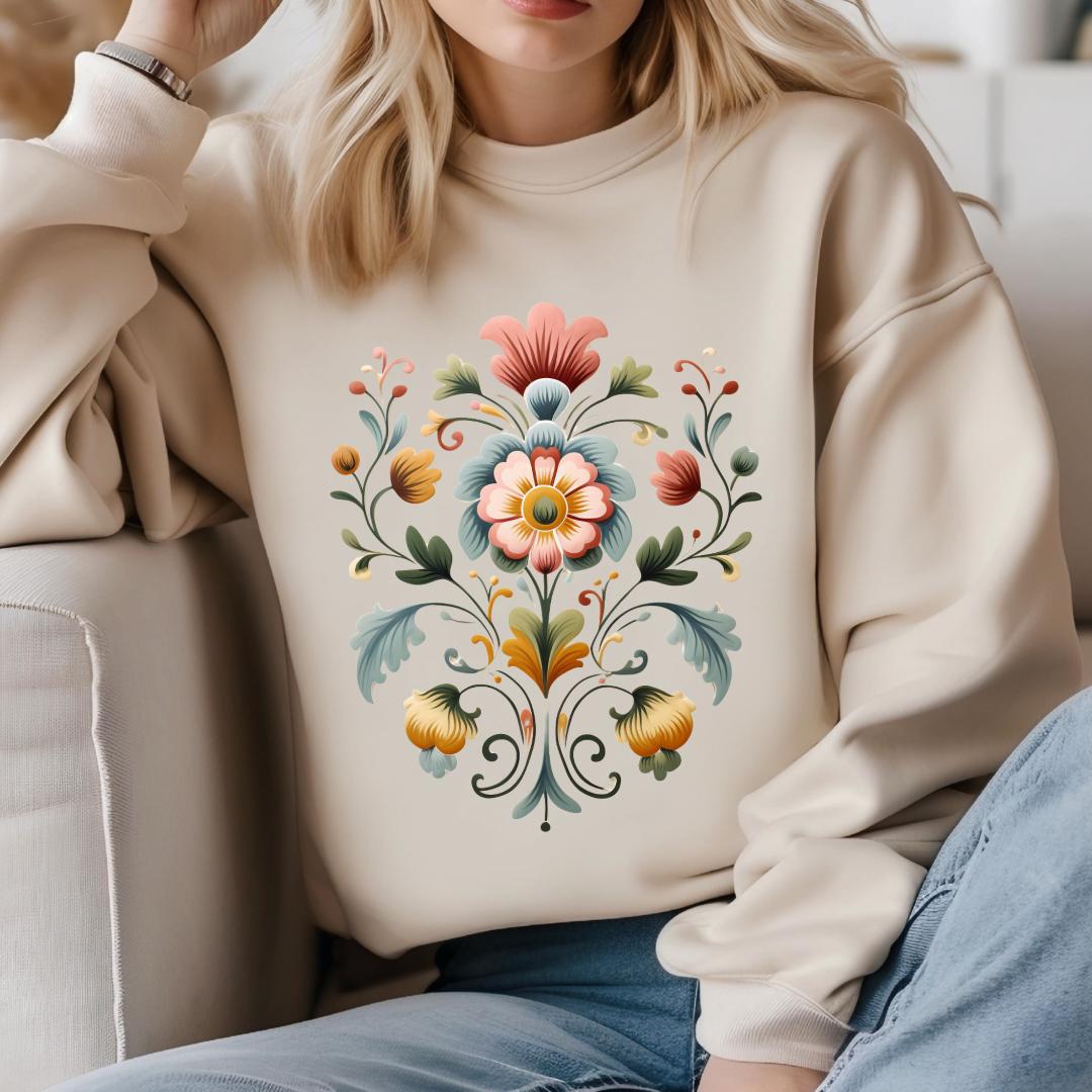 Scandinavian Rosemaling Design Traditional Nordic Print Botanical Floral Cottagecore Unique Gift ...