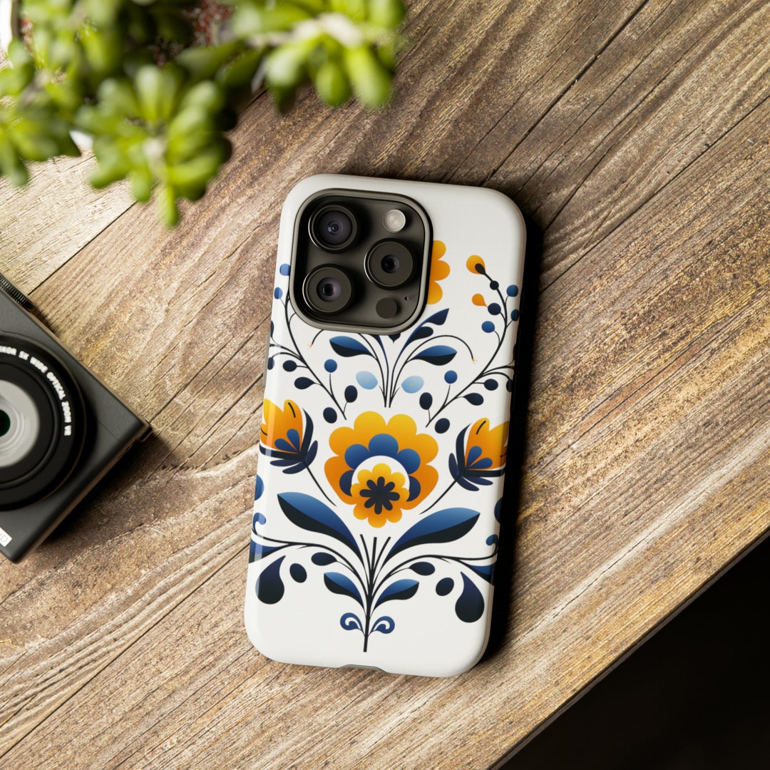 Blue & Yellow Scandinavian Folk Art Phone Case - Nordic Style Floral ...