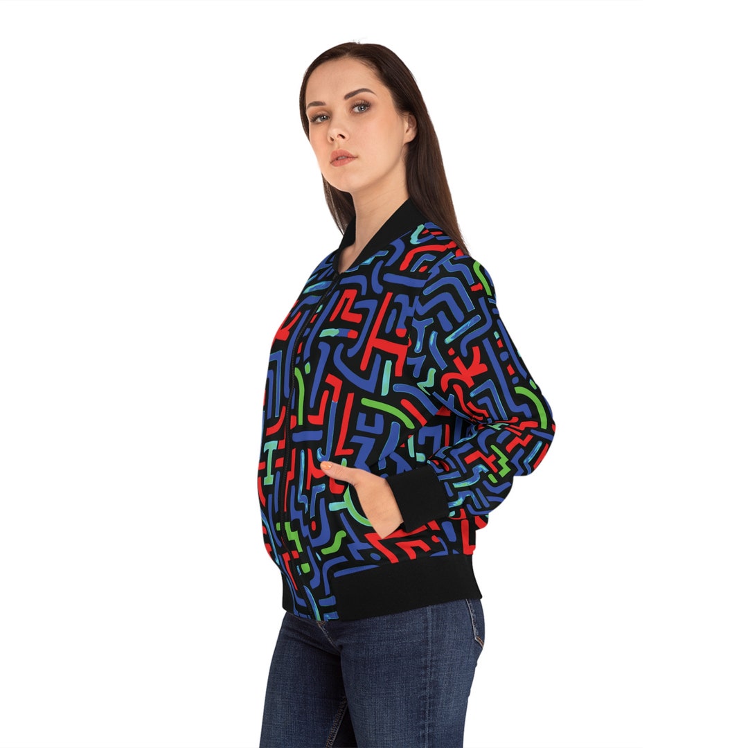 Women's AOP Bomber Jacket, Keith Haring Inspired Pop Art Maze Colorful ...