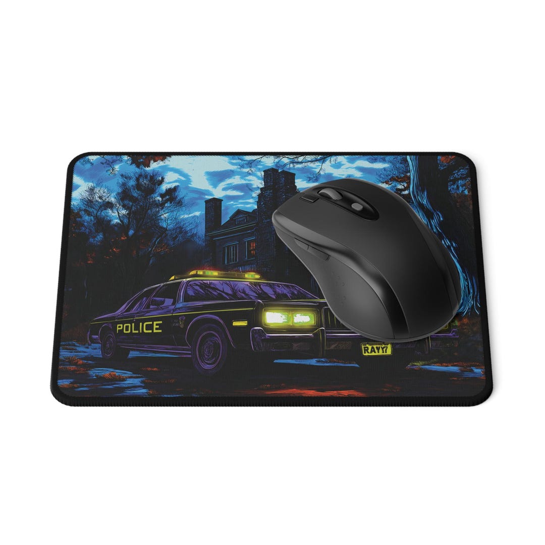 Halloween Haunted Mansion Gaming Mouse Pad, Spooky Police Car Mouse Mat ...