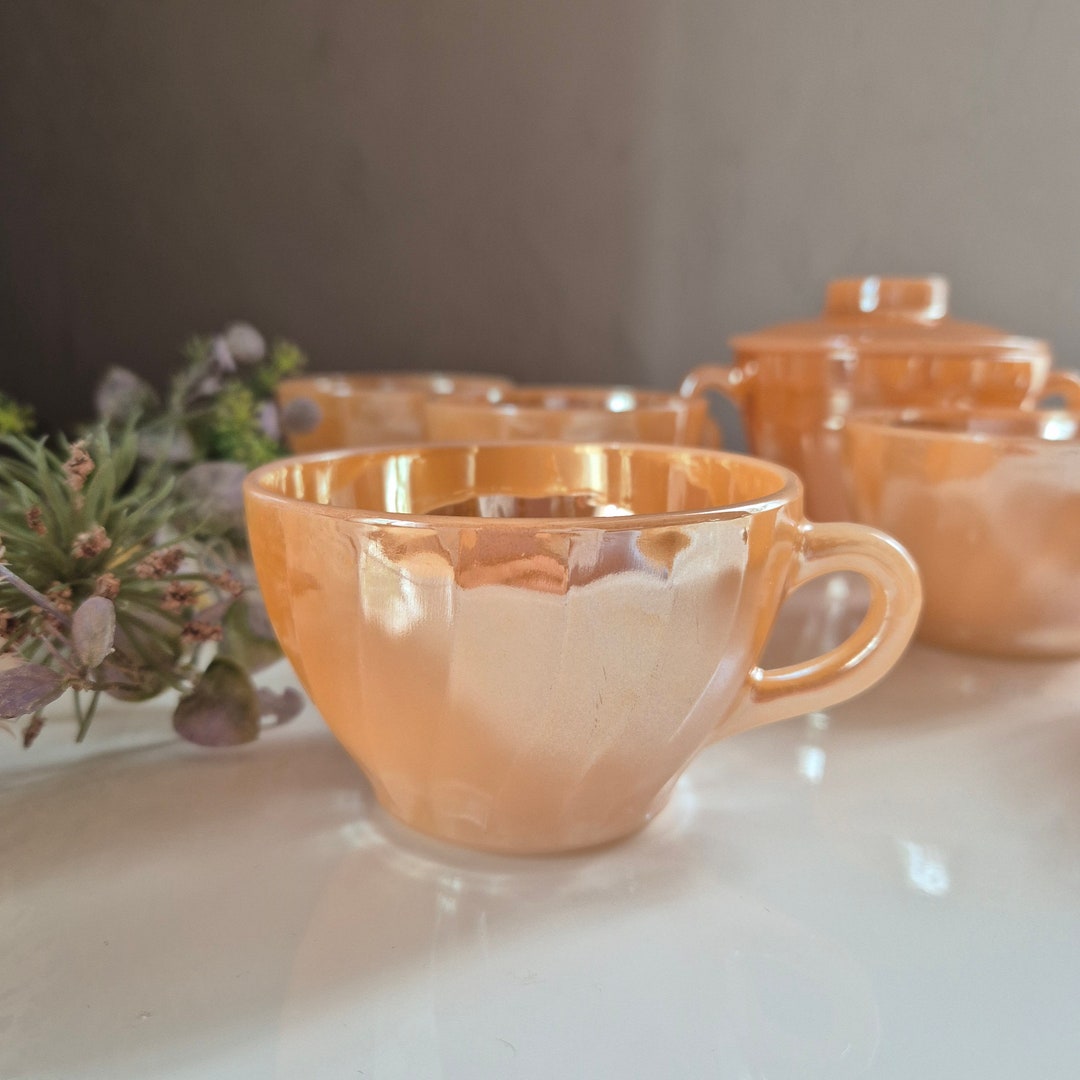 6 Cups 1 Sugar Bowl Opaline Coral Color, Peach Termocrisa From the ...