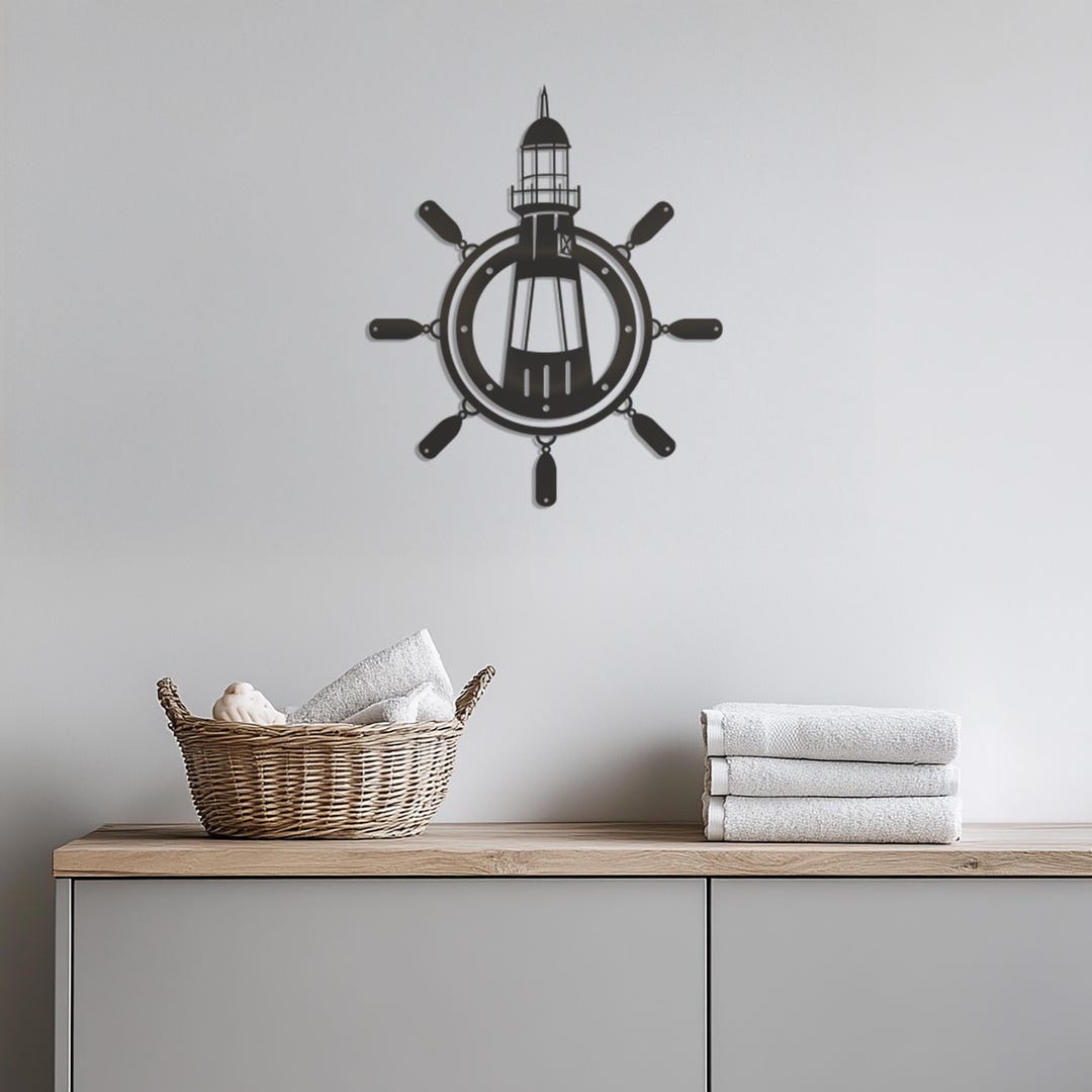 Nautical Lighthouse Wall Art, Ship Wheel Metal Wall Decor, Coastal ...