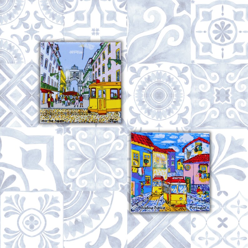 Bundle of 2 Painted Portuguese Tiles With Vibrant Yellow Lisbon Tram Portuguese Lisbon Tram ...