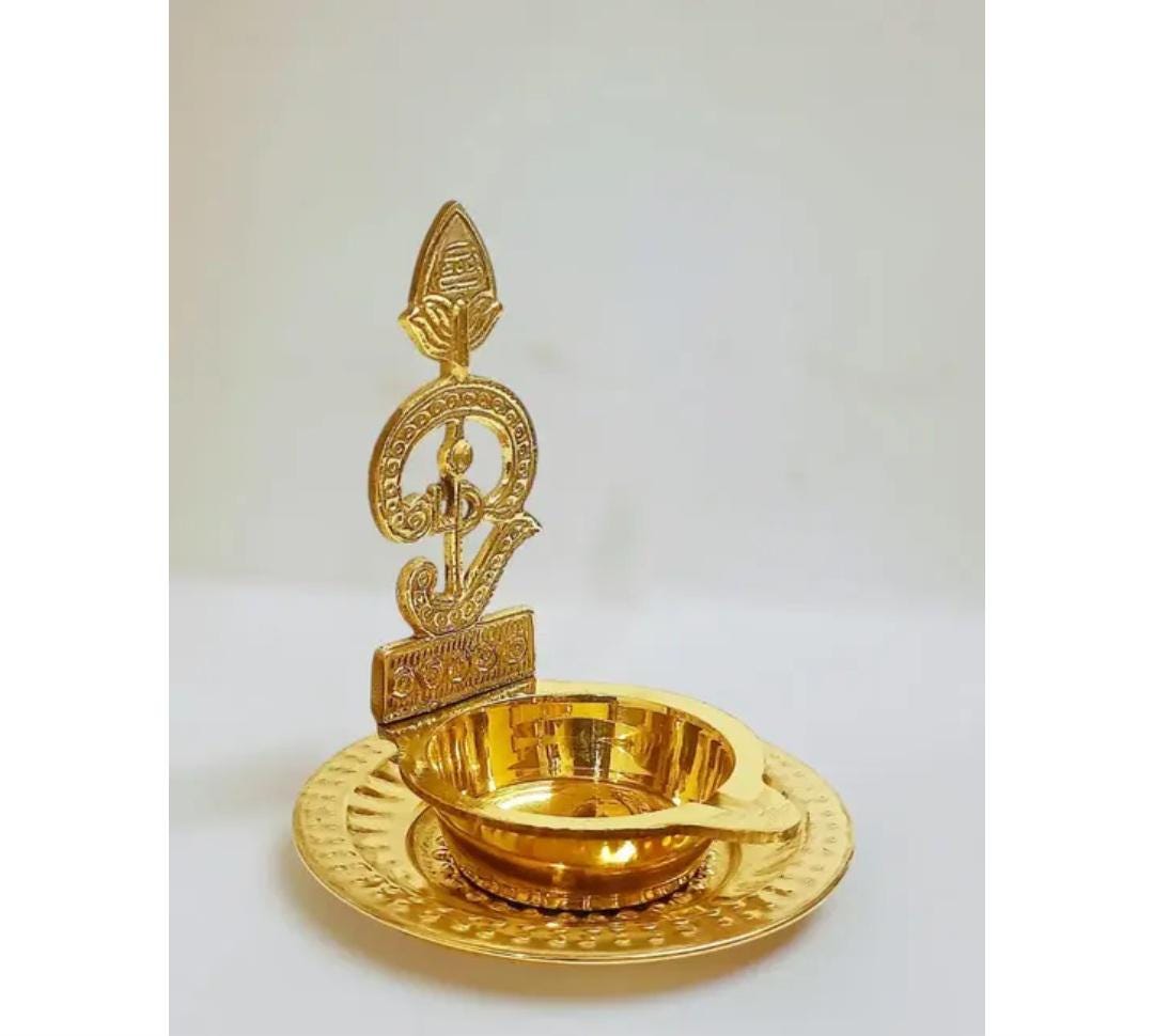 Brass OM Muruga Diya With Plate | Handcrafted Brass Oil Lamp for Puja ...