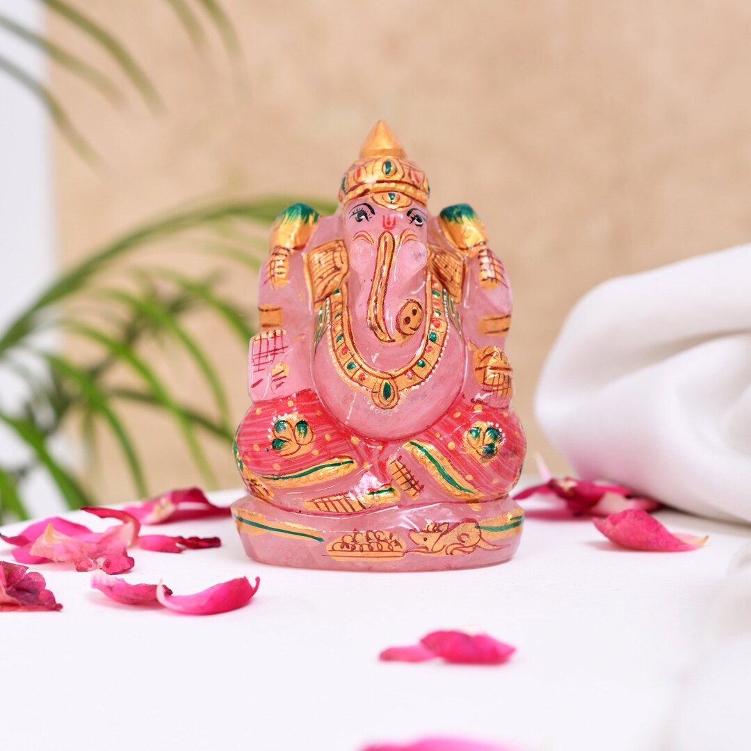 Hand Painted Ganesha Idol, Natural Gemstone Ganesha, Rose Quartz ...