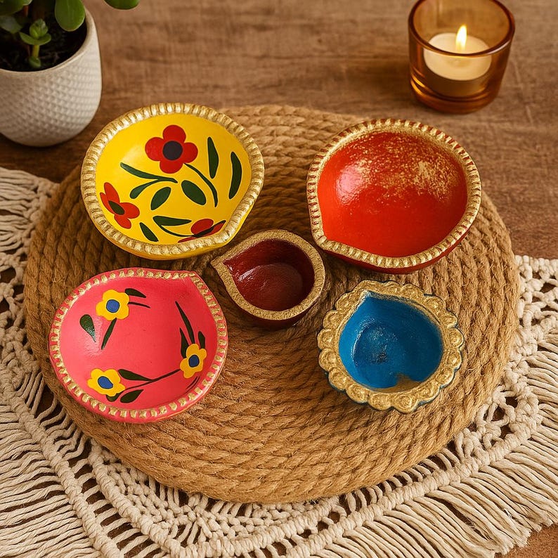 Handcrafted Clay Diya Set: Diwali Oil Lamps, Hand-painted & Plain - Etsy