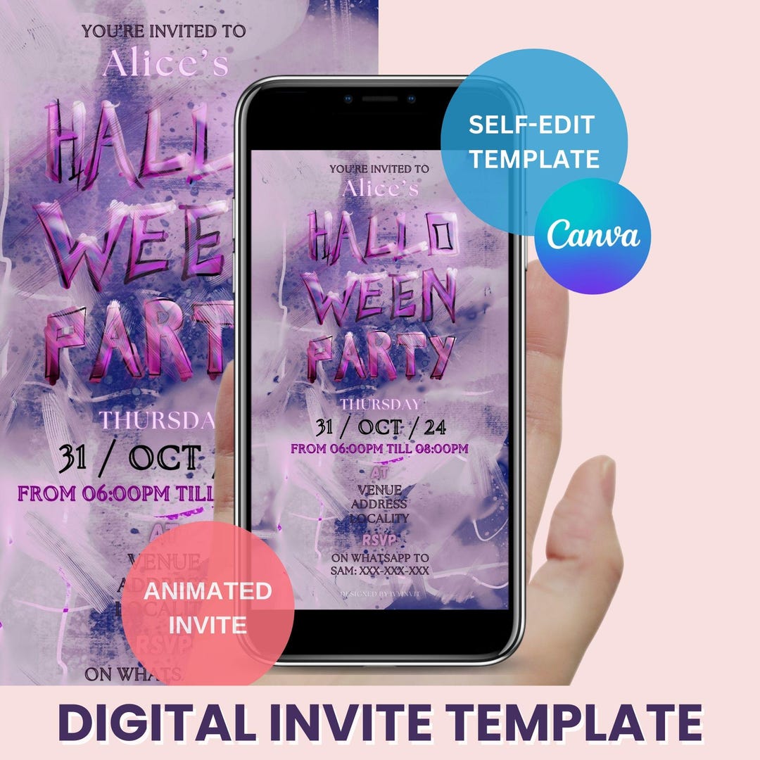 HALLOWEEN PURPLE MESS Digital Invitation Template Pink Purple Sketch ...