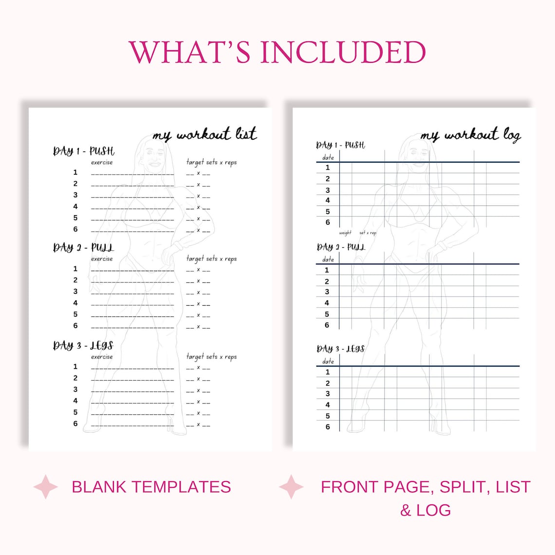 WORKOUT LOG Editable Template Split List & Log Woman Bodybuilder A4 ...