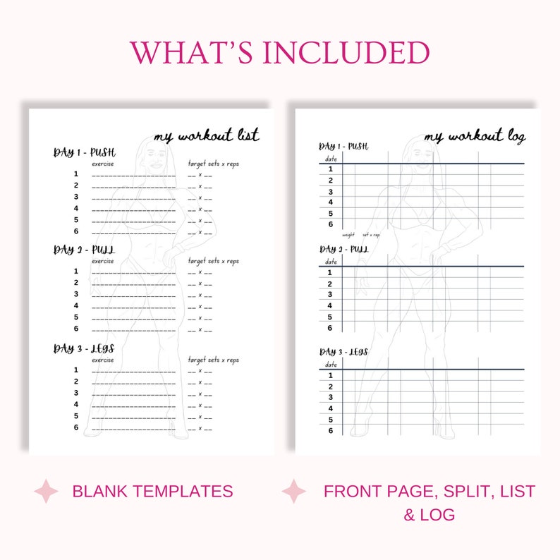WORKOUT LOG Editable Template Split List & Log Woman Bodybuilder A4 ...