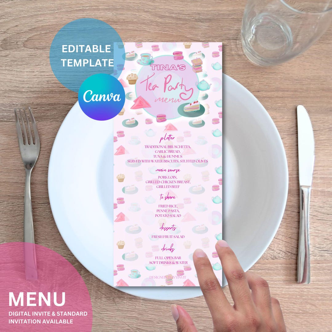 MENU TEA PARTY Menu Template Tea Cake Cut Pink Girly Theme Party ...