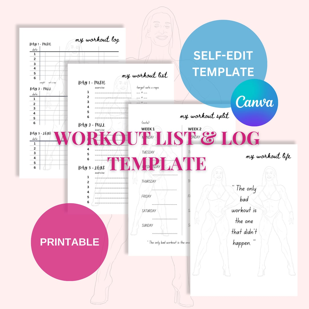 WORKOUT LOG Editable Template Split List & Log Woman Bodybuilder A4 ...