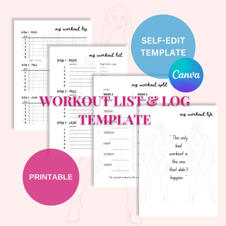 WORKOUT LOG Editable Template Split List & Log Woman Bodybuilder A4 ...