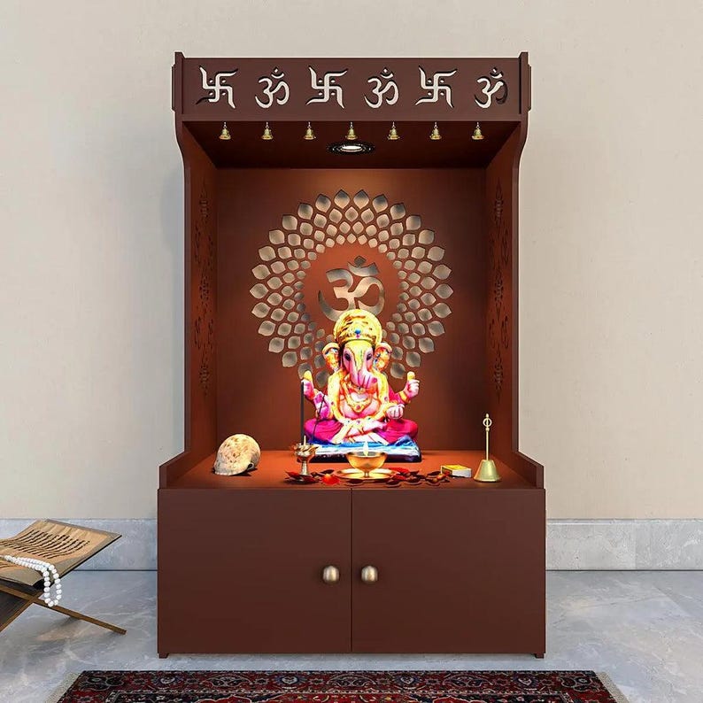 OM Chakra Floor Home Temple With Inbuilt Focus Light, Brass Bells ...