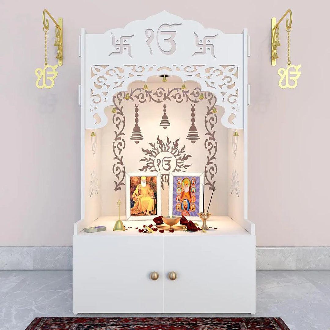 Ek-onkar Wooden Mandir for Home With LED Light, Brass Bells & Spacious ...