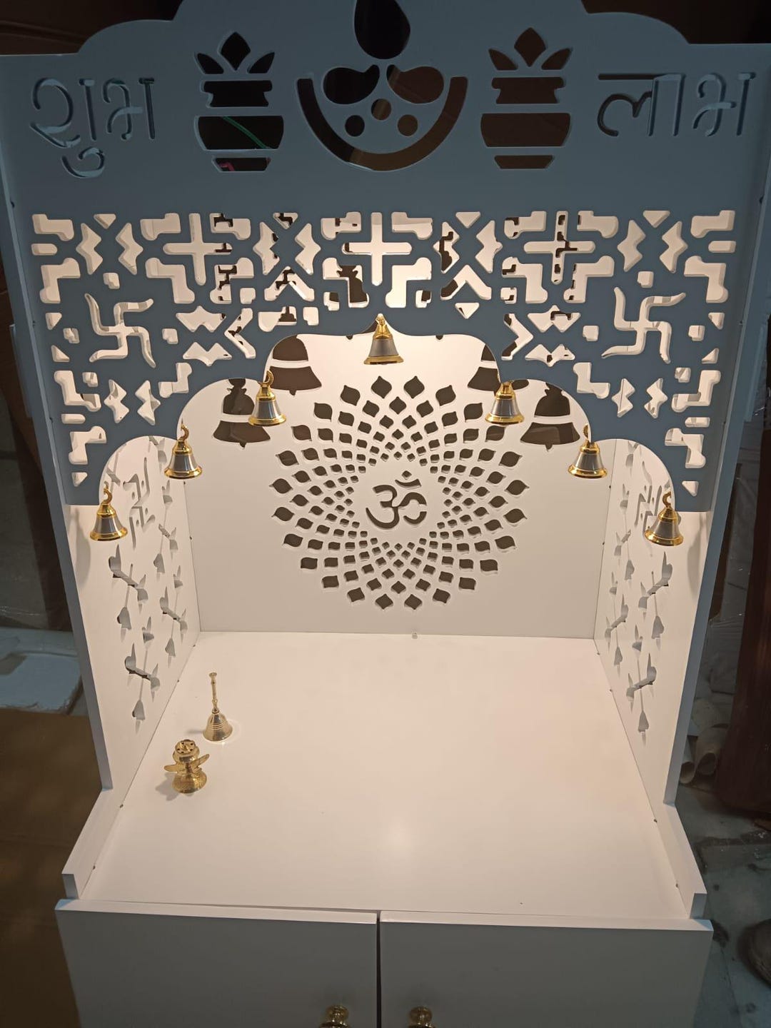 Wooden Pooja Temple for Home With LED Light & Shelf - White and Brown ...