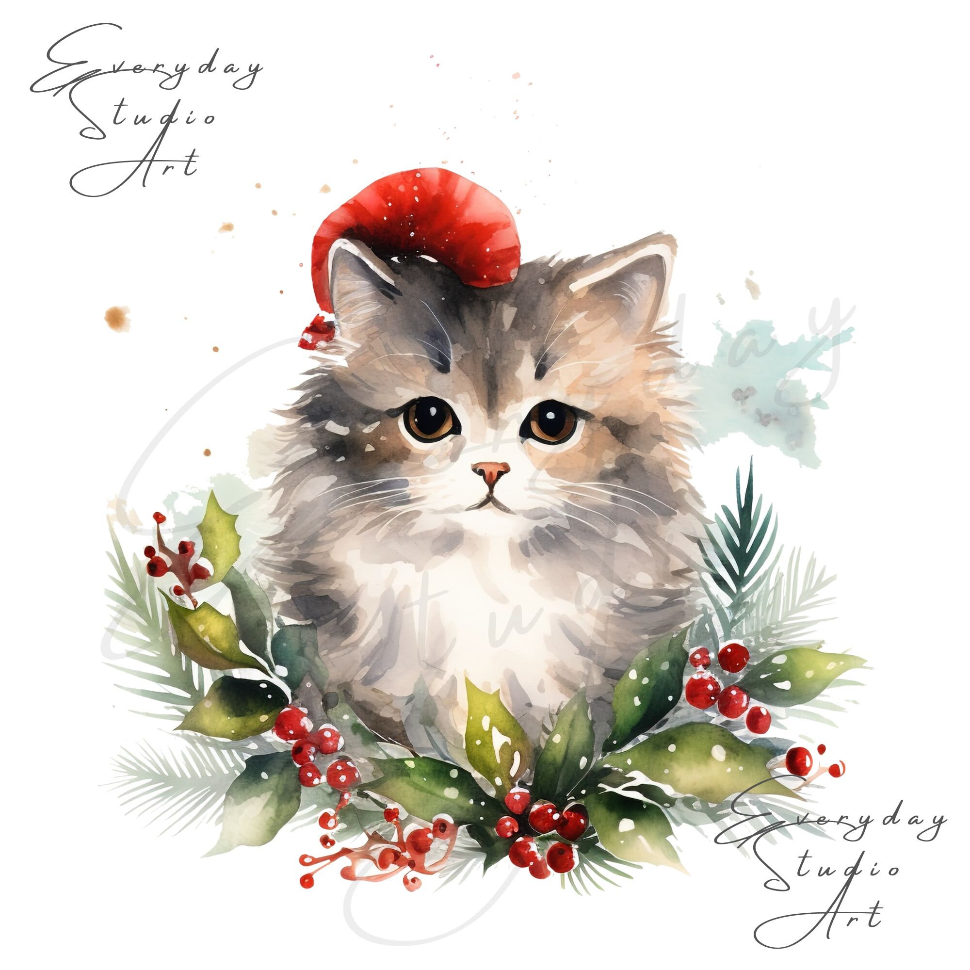 Cute Christmas Cat Watercolor Clipart Bundle, 10 PNG High Quality ...