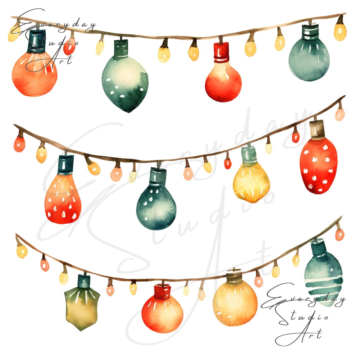 Christmas String Lights Watercolor Clipart, 12 PNG High Quality ...