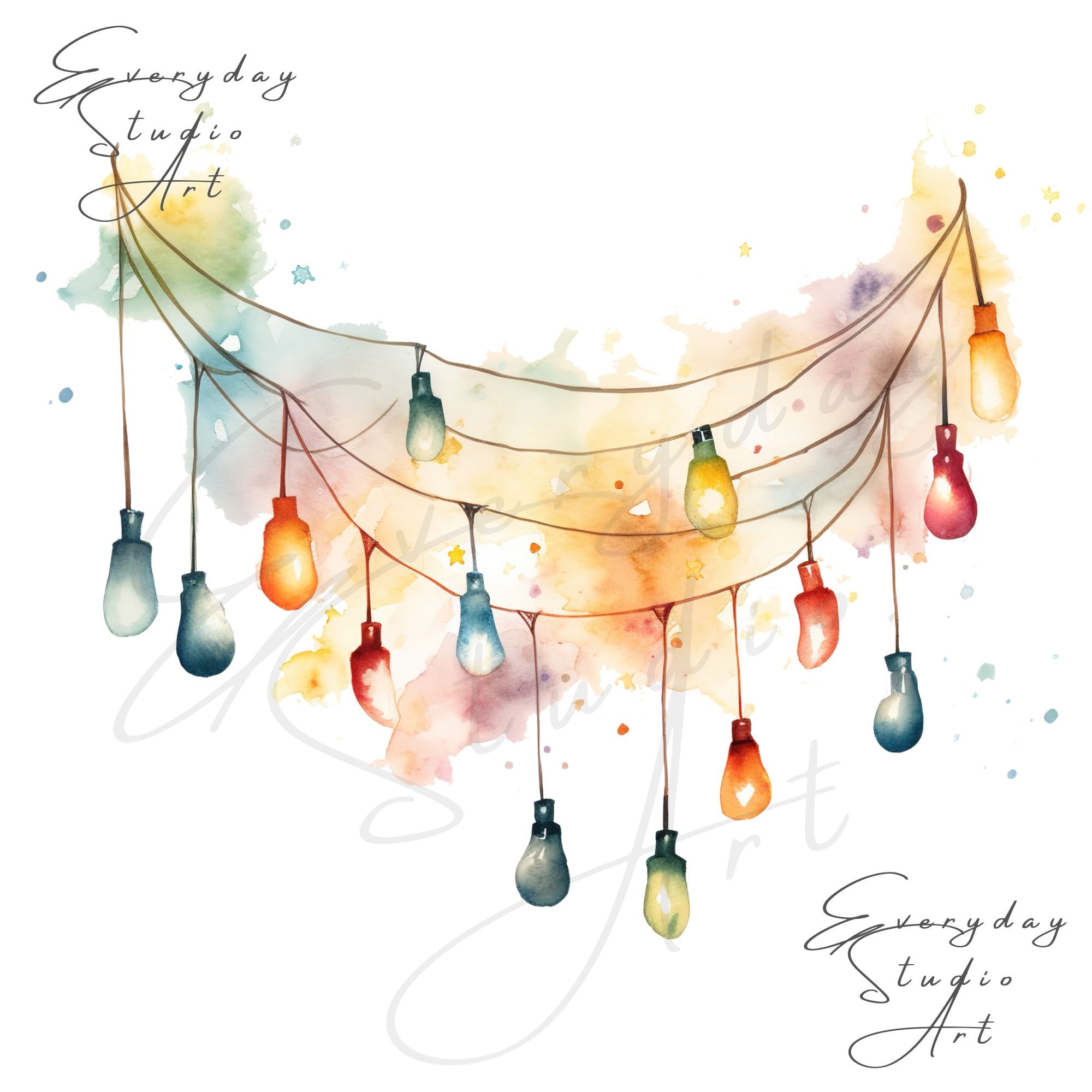 Christmas String Lights Watercolor Clipart, 12 PNG High Quality ...