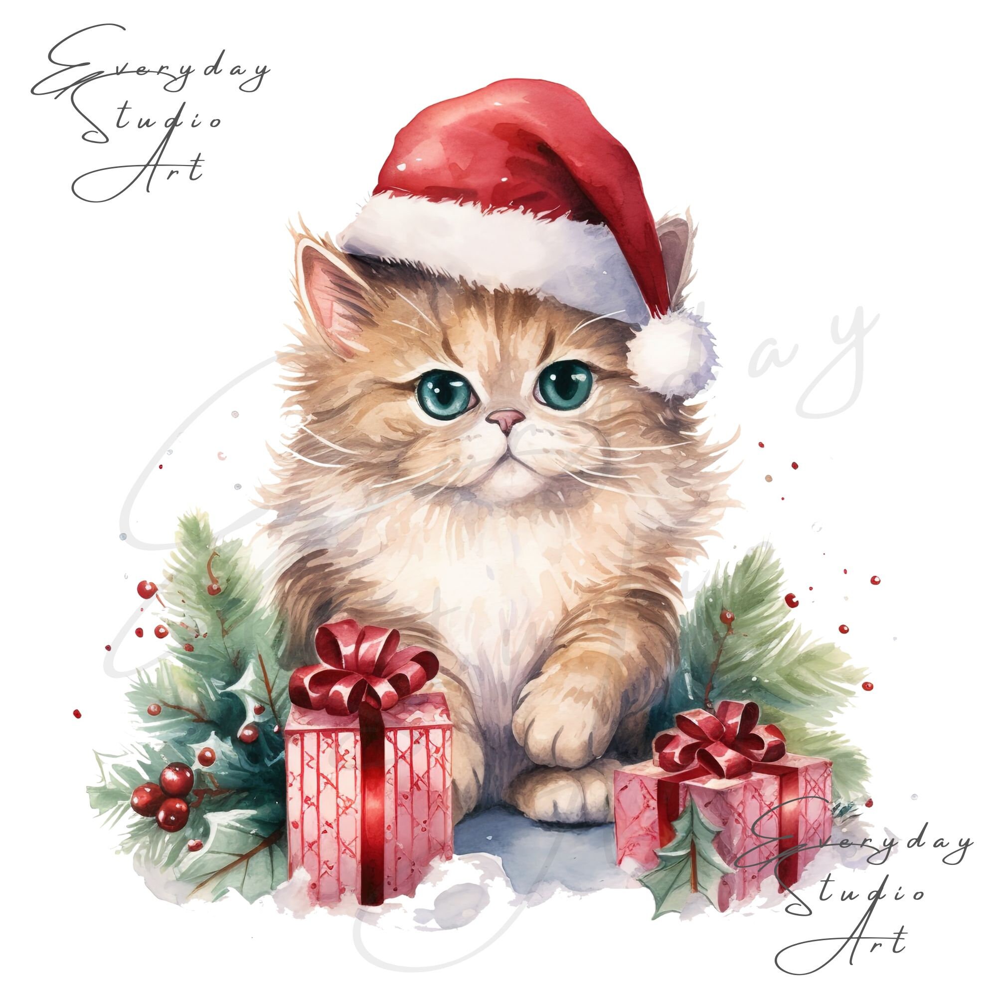 Cute Christmas Cat Watercolor Clipart Bundle, 10 PNG High Quality ...
