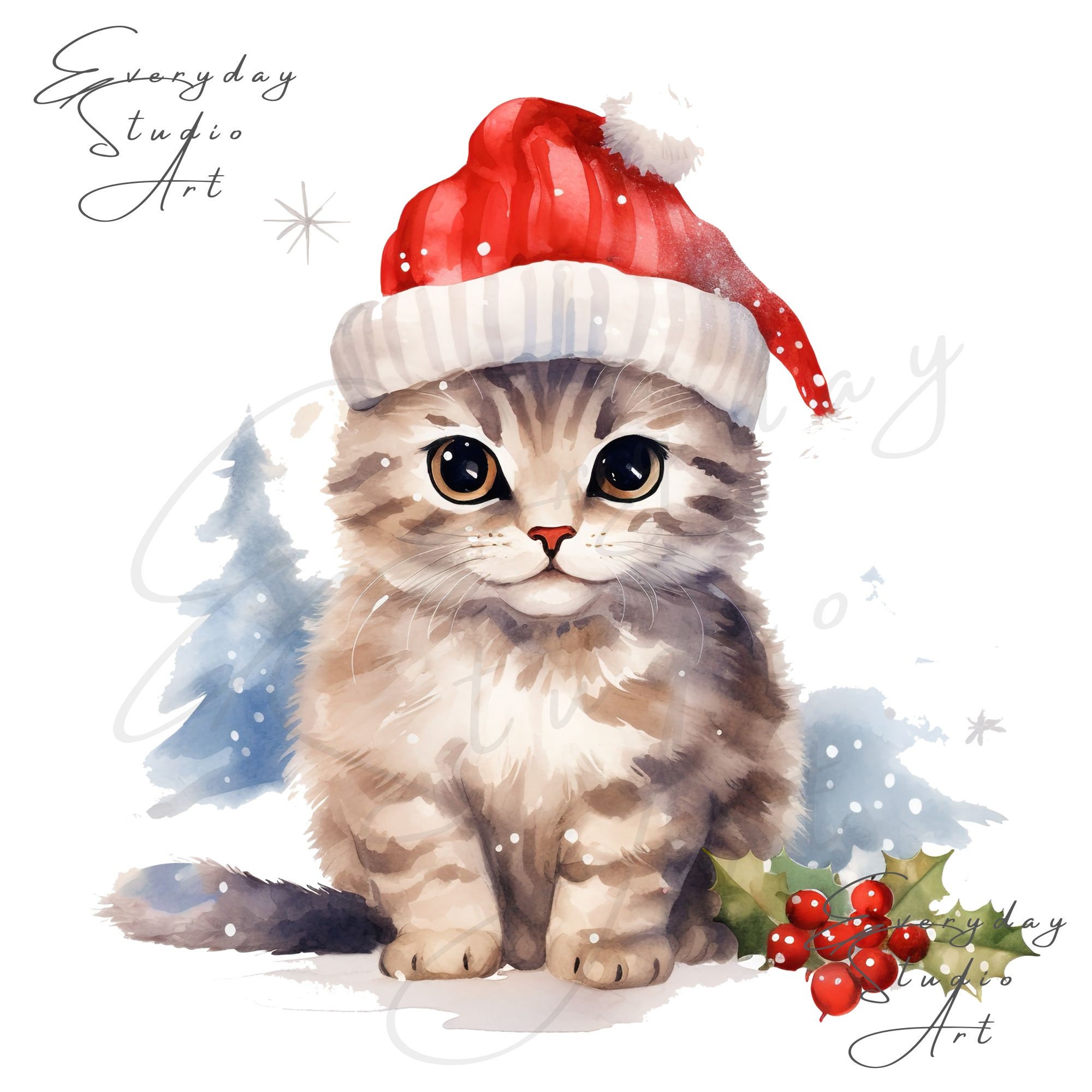 Cute Christmas Cat Watercolor Clipart Bundle, 10 PNG High Quality ...