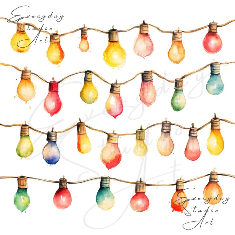 Christmas String Lights Watercolor Clipart, 12 PNG High Quality ...