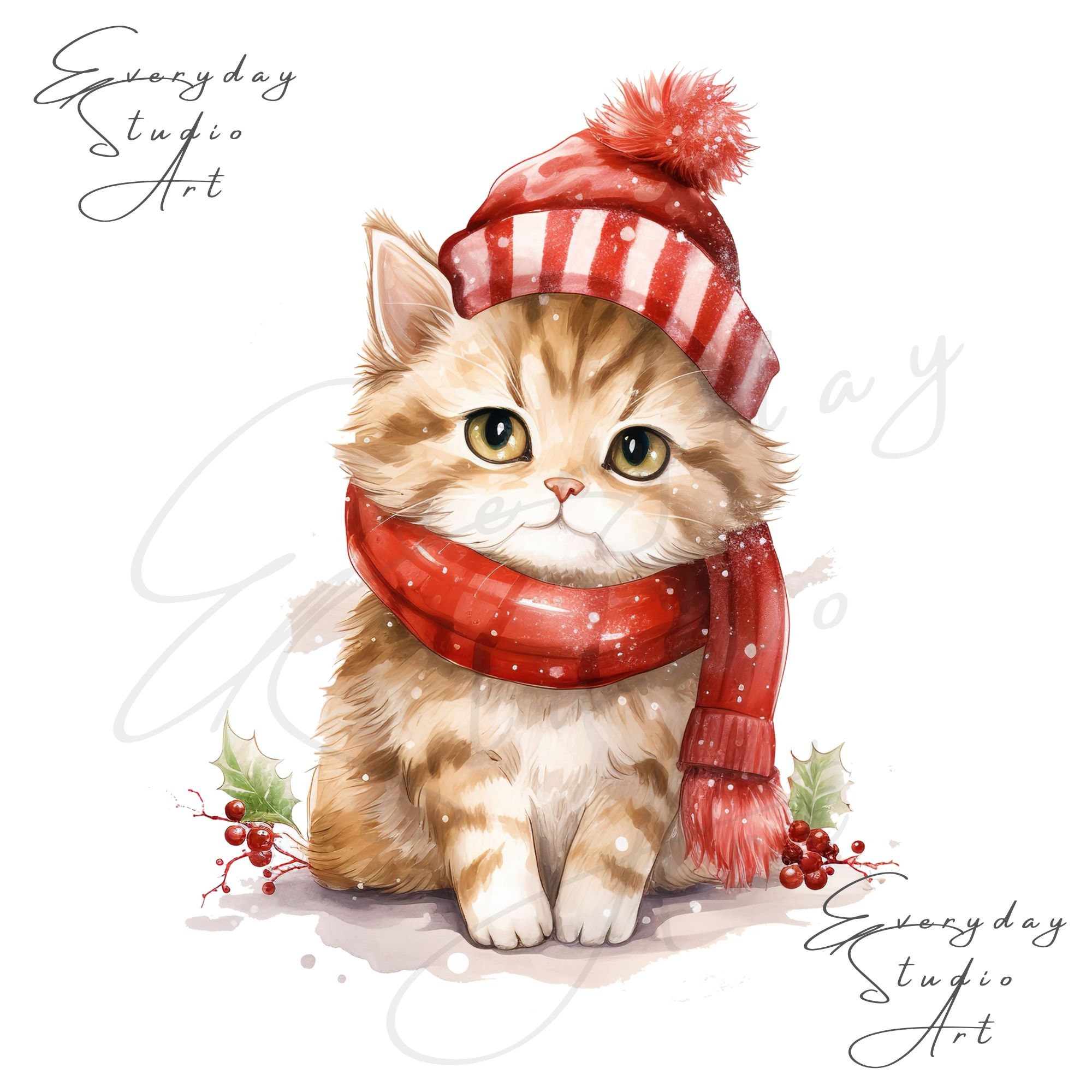 Cute Christmas Cat Watercolor Clipart Bundle, 10 PNG High Quality ...